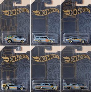 hot wheels 51st anniversary satin & chrome series set of 6 cars, custom '71 el camino, 71 datsun 510 wagon, '67 pontiac firebird, aristo rat, 63 chevy ii