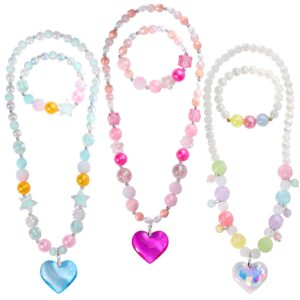 pinksheep beads necklace and bracelet for kids, 3 sets, little girls jewelry necklace and bracelet with heart pendant, dress up pretend play party favor