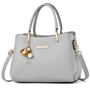 satchel purses and handbags for women, 3 compartment hand bags with charms, pu leather ladies pocketbooks for women, light grey