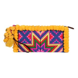 yellow pom pom clutch bag with embroidered hmong tribes star pattern