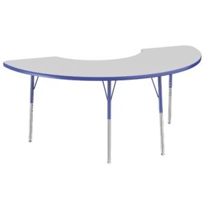 factory direct partners 10077-gybl half moon activity school and office table (36" x 72"), standard legs with swivel glides, adjustable height 19-30" - gray top and blue edge