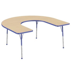 factory direct partners 10094-mpbl horseshoe activity school and office table (60" x 66"), standard legs with ball glides, adjustable height 19-30" - maple top and blue edge