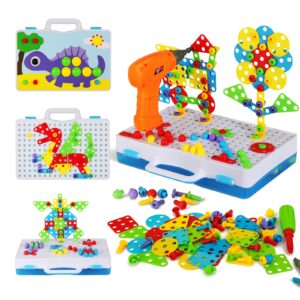 drill set building blocks, 224 pieces mosaic drill set for kids,stem learning educational toys, educational construction building kit for boys girls toys age 3 4 5 6 7 8 years old