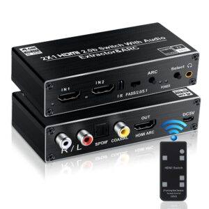 avedio links hdmi switch audio extractor, hdmi switch splitter 2 inputs 1 output with remote 4k@60hz, 2-port hdmi2.0b switcher box with optical toslink spdif+coaxial+analog rca stereo audio out