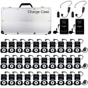 retekess t130 tour guide system, tour guide headsets with 2 wireless mic, 32-slot charge case, assistive listening system for church,school(2 transmitters 30 receivers)