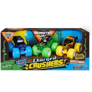 monster jam, charged crushers 3-pack (grave digger, son-uva digger and earth shaker), 1:64 scale