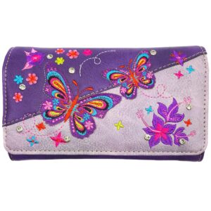 zelris butterfly flower season embroidery women crossbody wrist trifold wallet (purple violet)