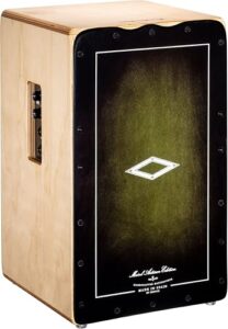 pickup cajon box drum with snare effect and electronics for amp or pa system, artisan edition — made in spain — baltic birch body/dark olive burst frontplate, 2-year warranty