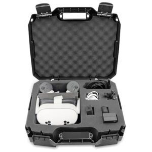 casematix hard shell travel case compatible with meta quest 3s, meta quest 3 and 2 vr headset - fits 256gb, 128gb and 64gb models with custom compartments for accessories like controllers and cables