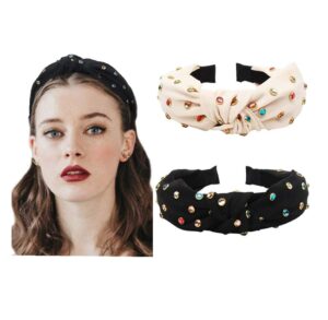 fedans knot headbands for women knotted pearl colorful rhinestone jeweled 2 pcs beaded wide band fashion headbands for girl bohemian hairband