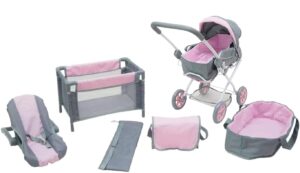 kookamunga kids 5 pc baby doll stroller set - baby doll accessories - baby doll playset w/ doll crib stroller car seat - playpen - carry cot - diaper bag - ages 3+ - deluxe grey / pink