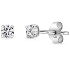 14k white gold round small cubic zirconia tiny cz earrings minimalist real solid 14kt gold solitaire studs 2.5mm