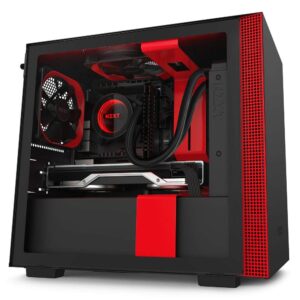 nzxt h210i - ca-h210i-br - mini-itx pc gaming case - front i/o usb type-c port - tempered glass side panel cable management - water-cooling ready - integrated rgb lighting - black/red