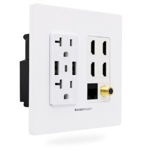 baseport premium media outlet wall plate - 6.3a usb wall outlet 2 usb a 2.0 + 1 usb c 3.0, 20a dual power outlet, 4 hdmi keystone jack, coaxial + cat6 rj45 ethernet outlet - white dual gang face plate