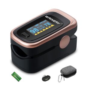 wrinery pulse oximeter fingertip, oxygen/ o2 saturation monitor, oled portable oximetry with batteries, lanyard (rose gold-black)