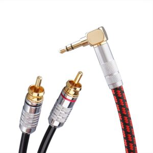 primeda audiophile audio cable stereo 3.5mm male to 2 rca male red for smartphone, mp3,cd, tablets, speakers,home theater,hdtv (right angle 3.5mm (3 feet))