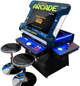 creative arcades full size commercial grade cocktail arcade machine | 2 player | 3500 games | 32" lcd lifting screen | led | 4 sanwa joysticks | trackball | 2 stools | 3 year warranty