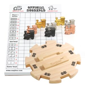 exqline mexican train dominoes accessories - with 6.5" pine mexican train hub, 70-sheets mexican train score pads and 8 colored die-cast train markers, for mexican dominoes train game set