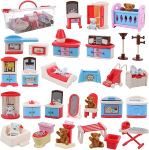 beverly hills doll collection dollhouse accessories furniture and accessory set, all in one bedroom, kitchen, laundry room, and bathroom 46 piece mega set in a storage container