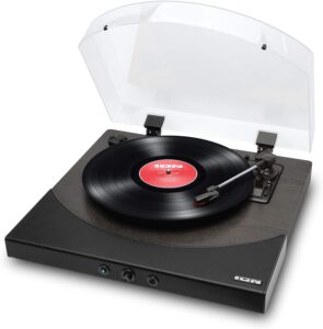 ion audio premier lp | wireless bluetooth turntable / vinyl record player with speakers, usb conversion, rca and headphone outputs – black finish