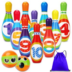 kids bowling set indoor bowling for kids 2-5, soft 10 indoor colorful foam pins 2 bowling ball printed number developmental sensory toy age 2-4 toddler bowling birthday gift present stocking stuffer