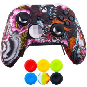 9cdeer 1 x protective customize transfer print silicone cover skin loong red + 6 thumb grips analog caps for xbox elite wireless controller compatible with official stereo headset adapter