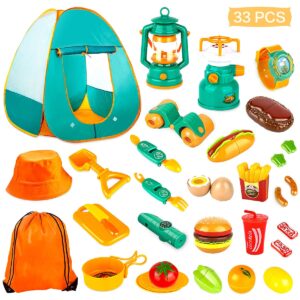 kaqinu kids camping set, 33 pcs pop up play tent with kids camping gear toys, indoor and outdoor camping tools pretend play set for toddler boys & girls -