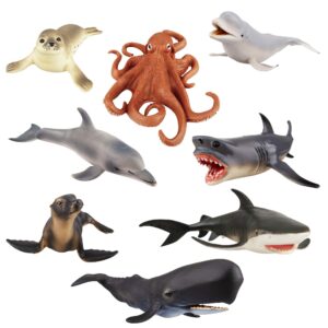 toymany 8-piece large sea animal figurines set: 4-8" sharks, whales & dolphin, bath toys, cake toppers, birthday gifts for kids & toddlers