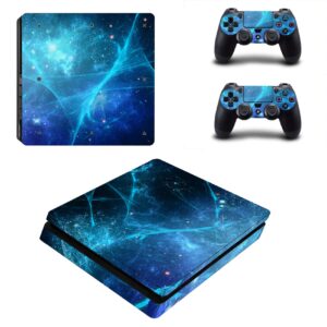 extremerate full set faceplate skin decals stickers and 2 led lightbar for ps4 slim/for ps4 slim console & 2 controller decal covers - blue galaxy