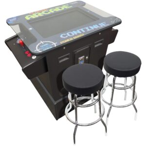 creative arcades full size commercial grade cocktail arcade machine | 412 games | 26" lcd screen | 9" riser | square glass top | 2 sanwa joysticks | trackball | 2 stools included | 3 year warranty