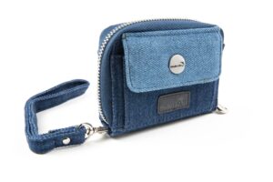 walletbe women's wallet rfid cash card coin accordion clutch with wristlet blue denim