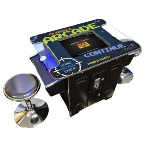 creative arcades full size commercial grade cocktail arcade machine | 2 player | 412 games | 22" lcd screen | square glass top | 2 sanwa joysticks | trackball | 2 stools included | 3 year warranty