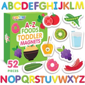 curious columbus - fridge magnets for toddlers - learning magnets for toddlers - set of 52 toddler magnets - 26 big foam food magnets + 26 abc alphabet magnets - fun refrigerator magnets for kids