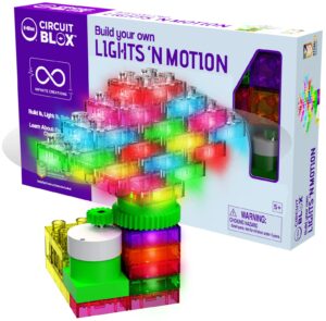 e-blox building blocks stem circuit kit, build your own lights ‘n motion, light & rotating capabilities, infinite science creations, birthday gift, boys, girls, 5+