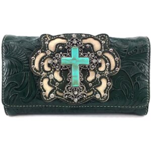 zelris western turquoise stone cross women crossbody wrist handle trifold wallet (olive)