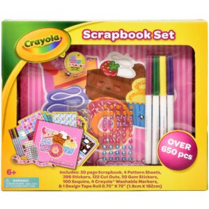 crayola scrapbook activity craft kit, mess free journal set for kids, drawing art supplies included scrapbook, pattern sheets, cut outs, gem stickers, sequins, crayola washable markers and tape