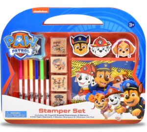 paw patrol coloring stamper and activity set, mess free craft kit for toddlers and kids, drawing art supplies included sketch book, 6 color markers, 3 foam and 4 wooden stampers