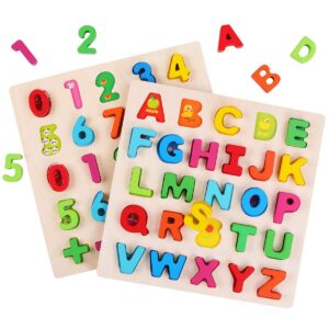 gemem wooden alphabet puzzle large blocks letters and numbers puzzles educational learning blocks board toys for 3+ years old preschool boys & girls toddlers 2 pack