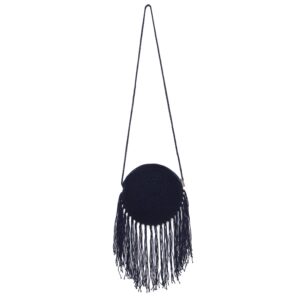 qtkj boho long cotton tassels crochet flower mini crossbody bag handwoven summer beach round shoulder bag with zipper (navy blue)