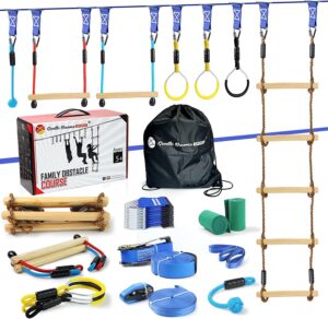 2×56ft ninja warrior obstacle course for kids - 600 lbs weight capacity, slackline obstacle course with 8 ninja accessories - monkey bar, rope ladder, gymnastic ring, arm trainer and monkey fist