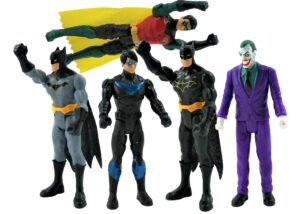 batman missions dc 6 inch action figures | 5 pack includes the joker, grey suit batman, black suit batman, robin and nightwing | 5 point articulation