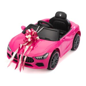 tobbi kids ride on car, 12v licensed maserati ghibli, electric car for boy girl with remote control, 3 speeds, music, bright lights, mp3, usb, electric vehicle for kids ages 3-6 years, pink