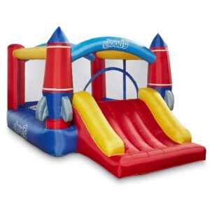 cloud 9 inflatable bounce house and blower, rocket theme bouncer for kids with slide, includes stakes and repair patches