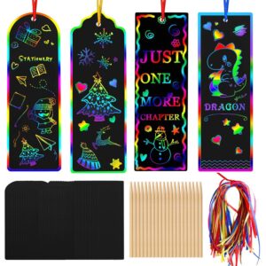 augsun 96 set magic scratch rainbow bookmarks making kit for kids students christmas party favor scratch paper diy bookmarks bulk with bamboo stylus (regular)