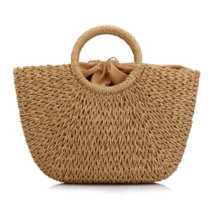 summer rattan bag for women straw hand-woven top-handle handbag beach sea straw rattan tote clutch bags (beige)