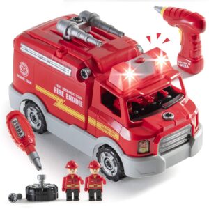 prextex take apart toy with working drill for boys & girls, build your own fire truck toy educational playset with tools and power drill, diy assembly truck with realistic sounds & lights