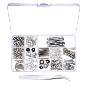 canomo 254 pieces electric guitar screw kit (9 types) with springs for electric guitar bridge, pickup, pickguard, tuner, switch, neck plate, guitar strap buttons and a elbow tweezers, chrome