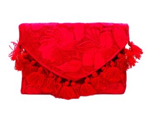 floral embroidered pom tassel fringe slim envelope clutch purse crossbody strap bag - women fashion handmade boho accessories (red)