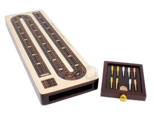 house of cribbage - 3 track continuous cribbage board inlaid in rosewood - maple wood - size: 12.5 inches - storage drawer for cribbage pegs