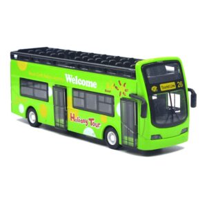 ailejia city bus sightseeing double decker bus model open top pull back vehicles toy die cast pull back vehicles mini model car lights and music (green)